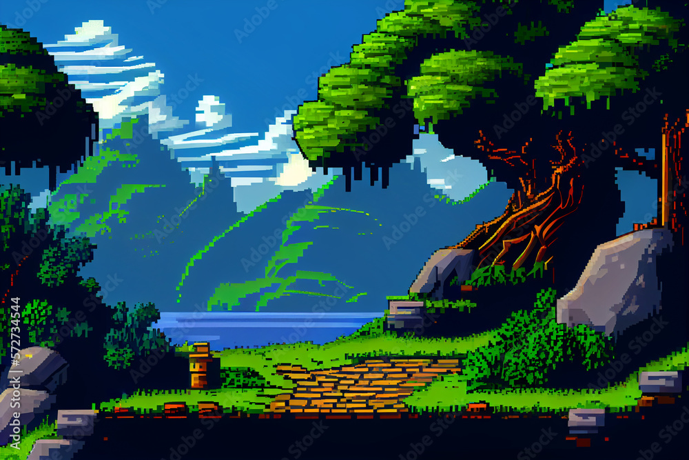 Video game background landscape with mountains and forests in 16 bit ...