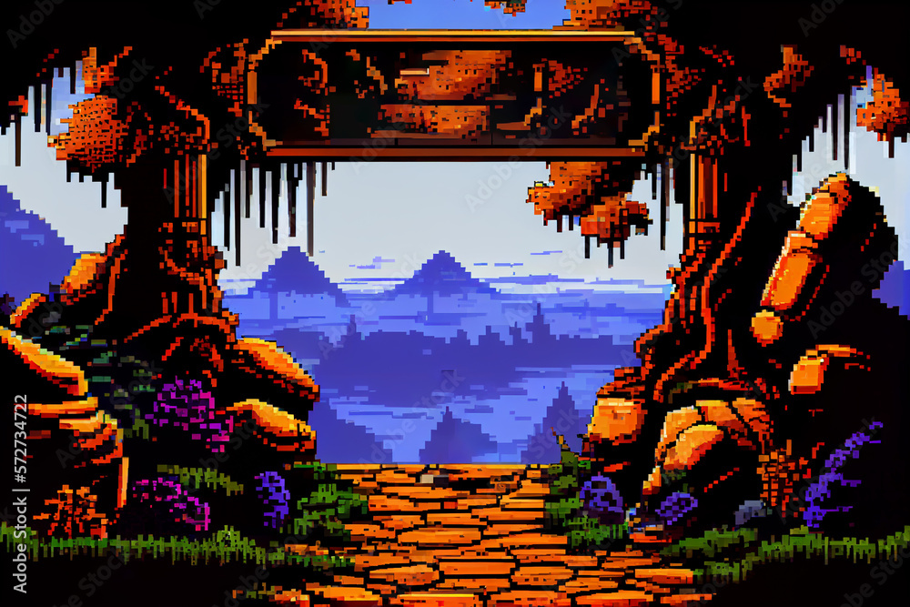 Video game background landscape with mountains and forests in 16 bit pixels. Retro video arcade ...