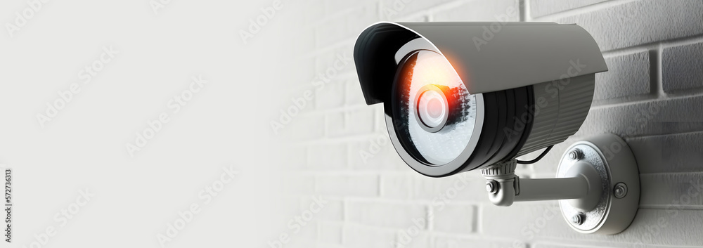 Banner CCTV camera on white wall background with copy space. Generation ...