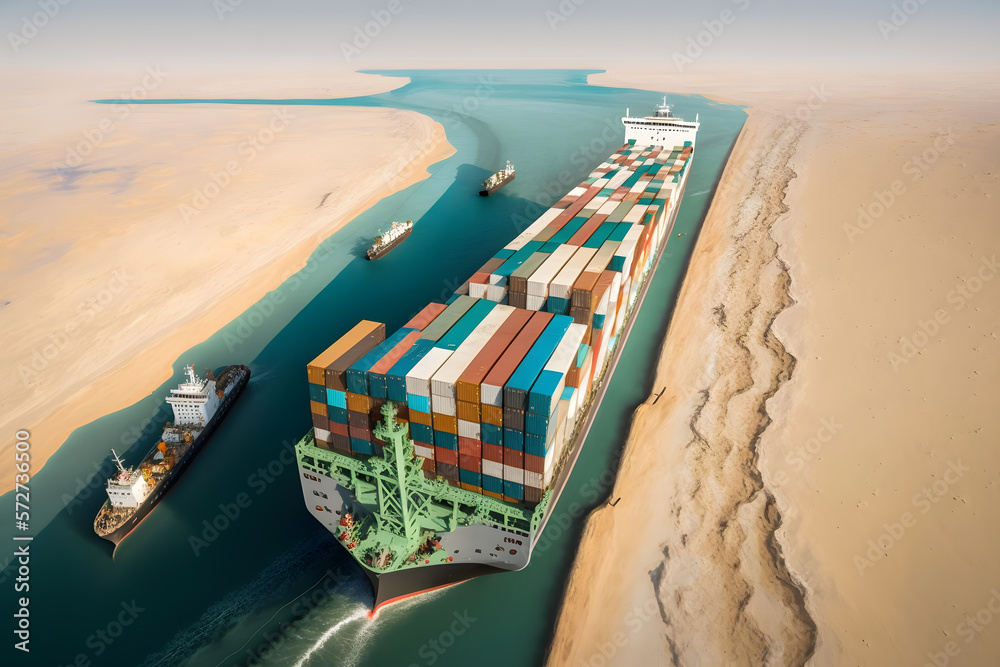 Container cargo ship sails through Suez Egypt canal. Concept Global ...