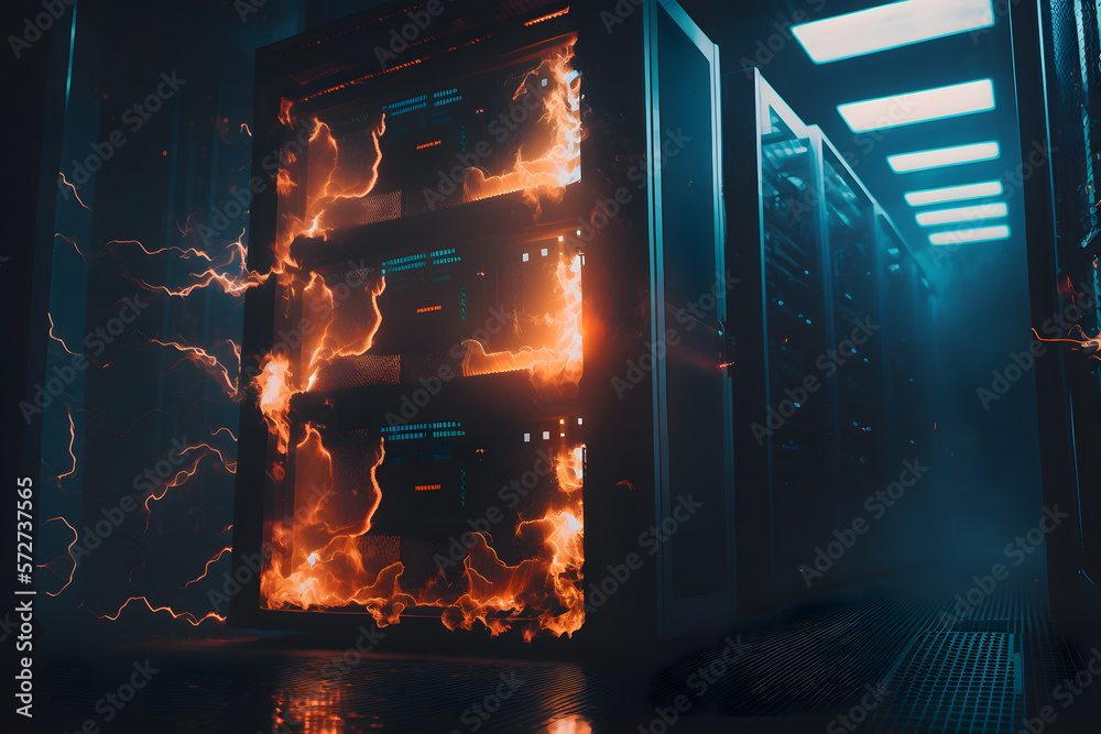 Data center server room burning. Modern telecommunications ...
