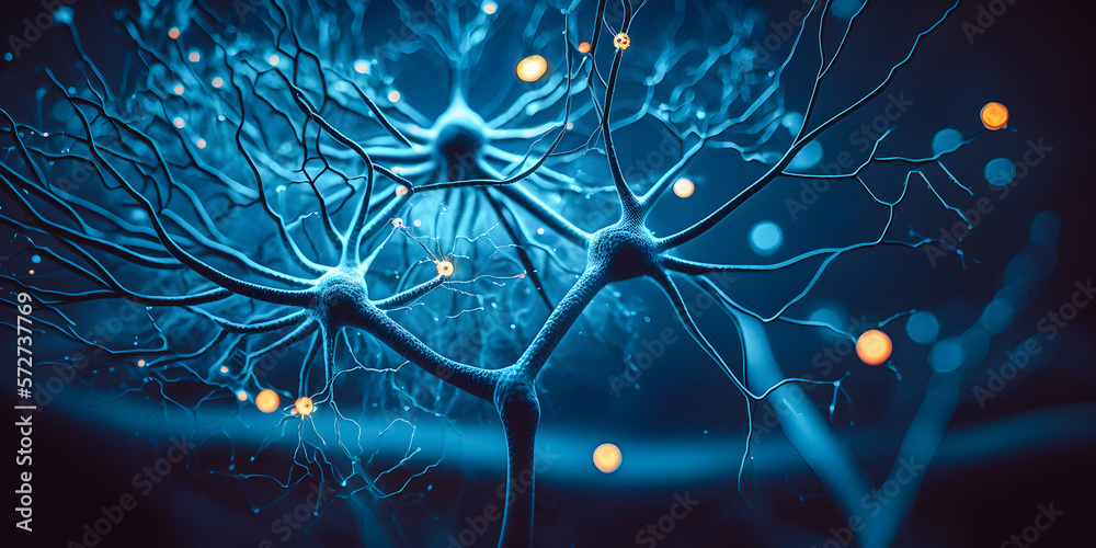 Nerve cell, system neuron of brain with synapses, blue color. Medicine ...