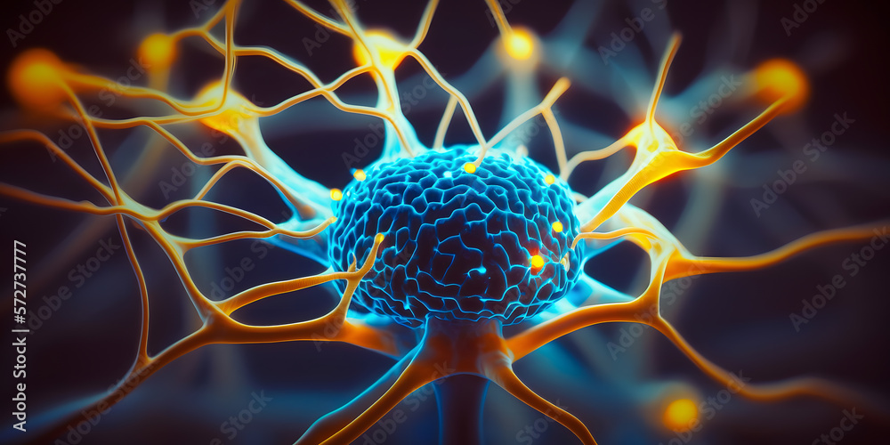 Nerve cell, system neuron of brain with synapses, blue color. Medicine ...