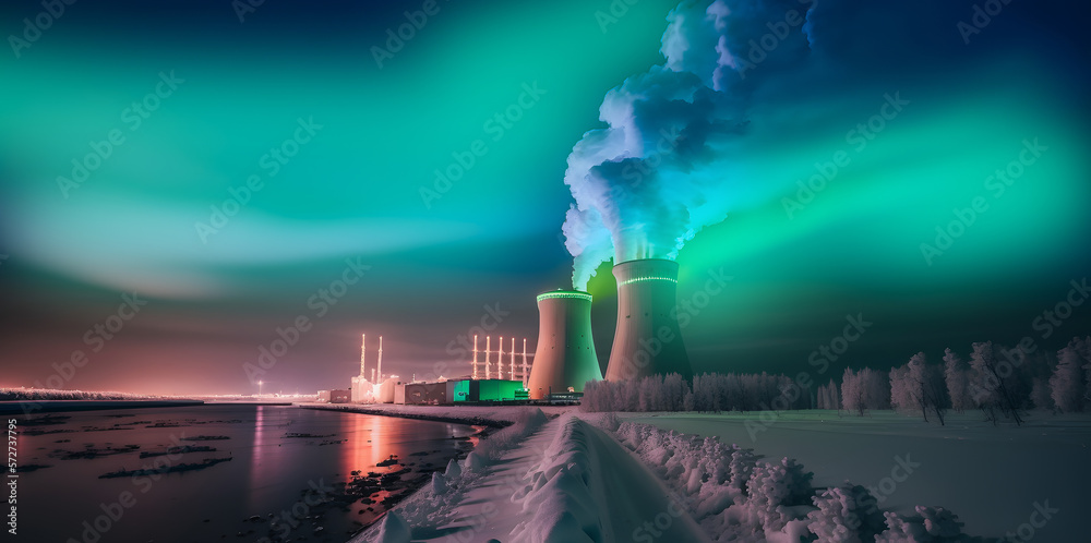 Winter landscape Nuclear power plant with northern lights Aurora ...
