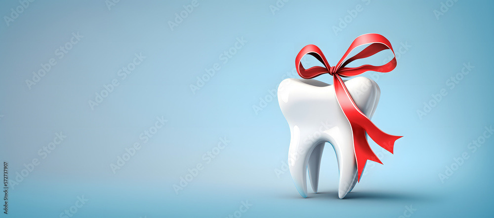 White healthy human tooth with red gift ribbon on isolated blue ...