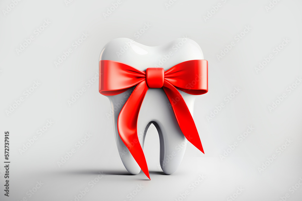 White healthy human tooth with red gift ribbon on isolated background ...