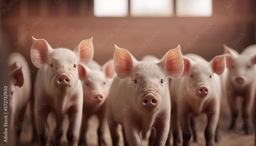 Pigs livestock farm. Happy piglet with sunlight. Agriculture industry ...