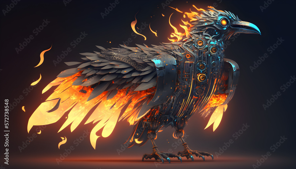 robot bird on fire, bird in the form of a fiery robot, the future of ...