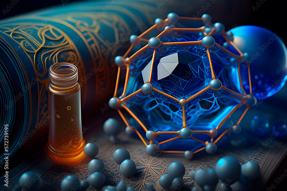 Biotechnology of the future, a glass jar illuminated with neon light ...