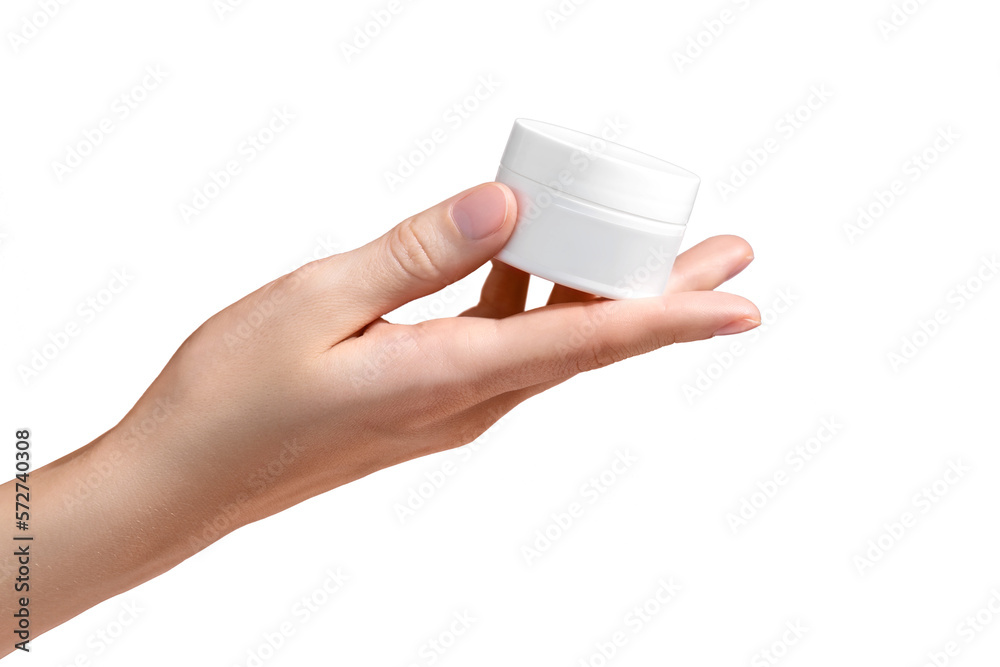 Female hand holding jar of cosmetic cream on transparent background ...