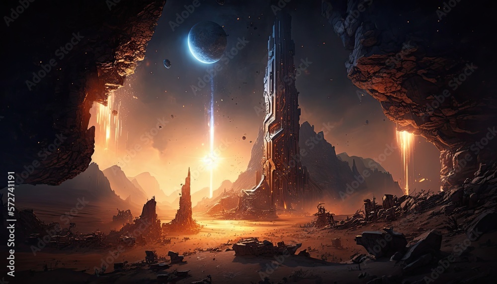 Space Ancient Alien War City in a warm valley comet falling. Generative ...