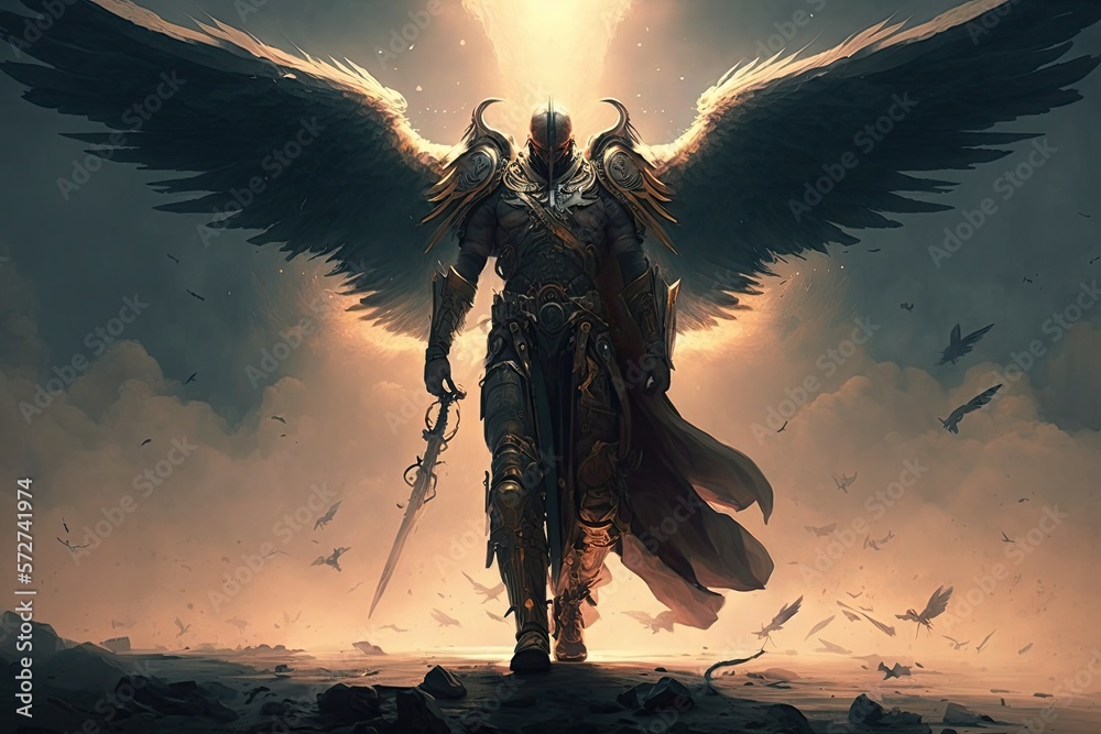 Epic archangel warrior knight paladin in heaven with armor and wings ...