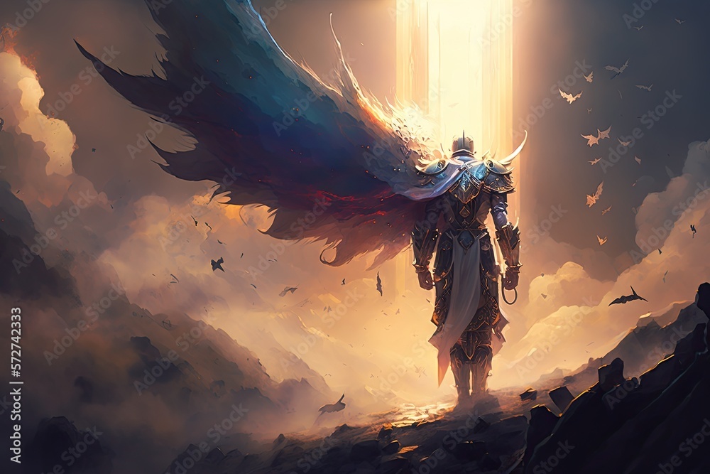 Epic archangel warrior knight paladin in heaven with armor and wings ...