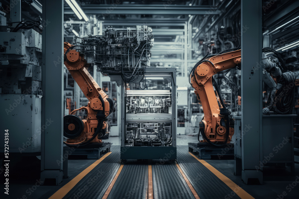 High-tech robotic assembly line producing electric vehicles, generative ...