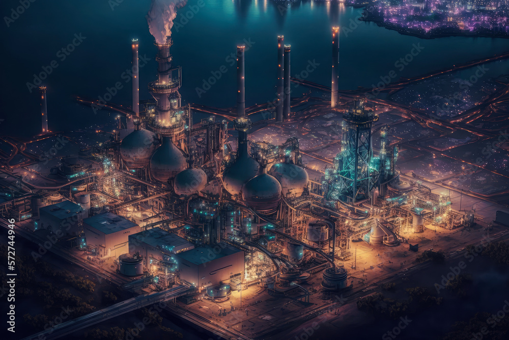 stunning aerial view of an oil and gas refinery plant at night, with ...