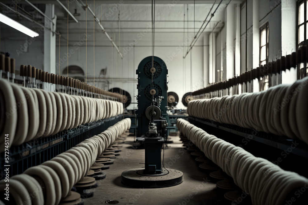 Textile factory interior with rows of spindles and threads, generative ...