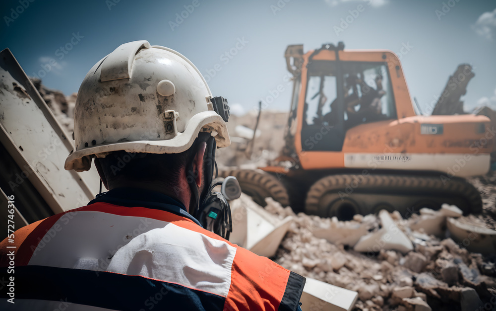 Destroy after Earthquake, man working Rescue service, excavator clears ...