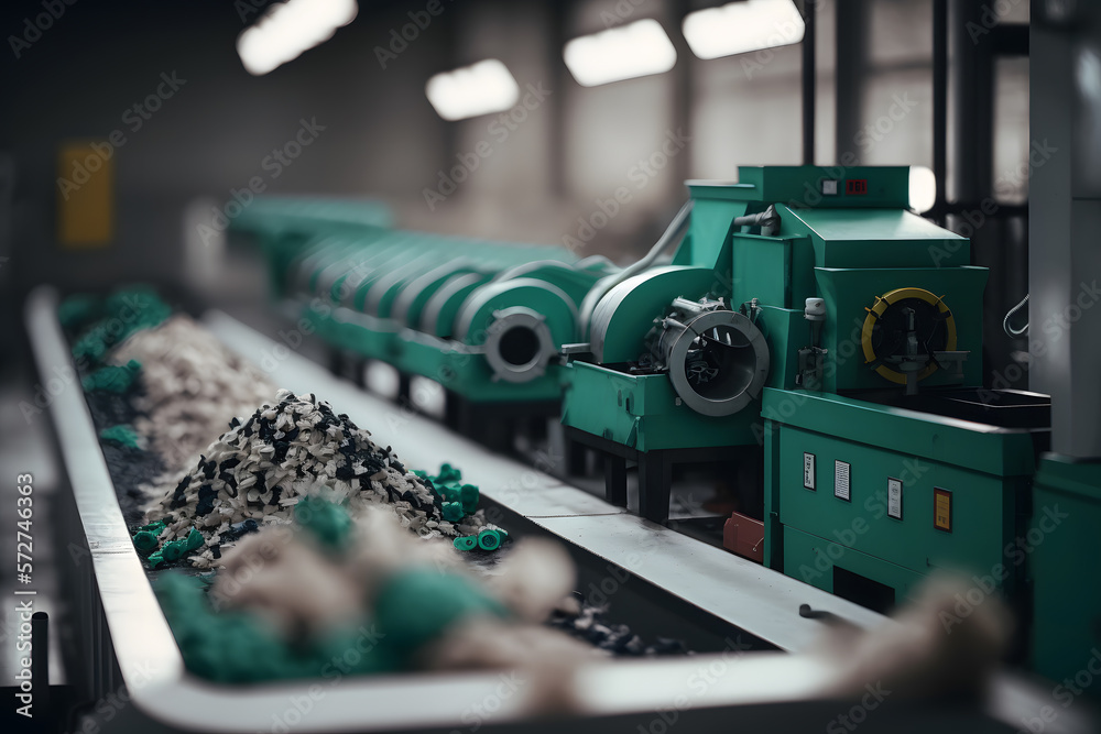 Conveyor assembly line with garbage bottles and packaging. Industry ...