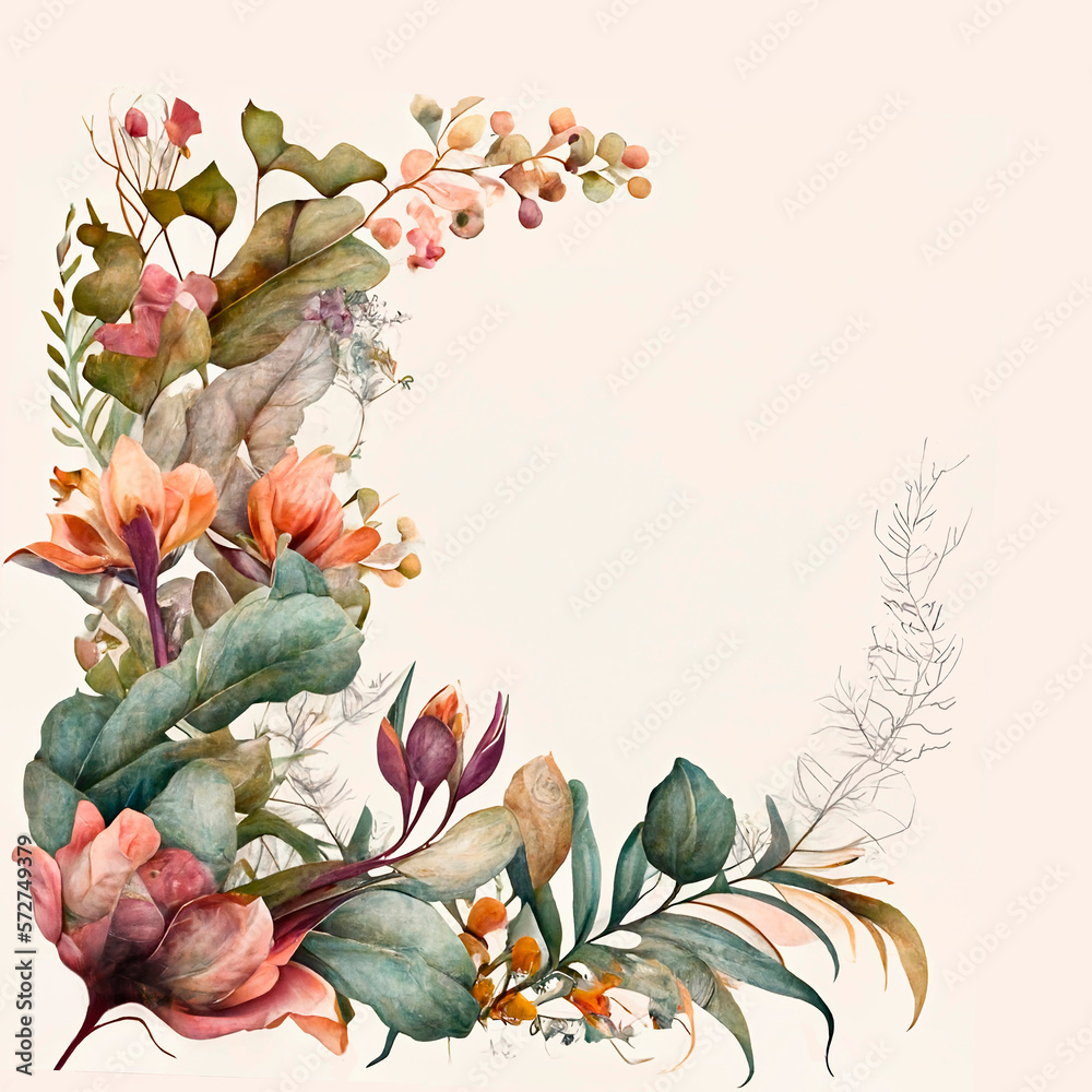 Watercolor floral border created with Generative AI technology Stock ...