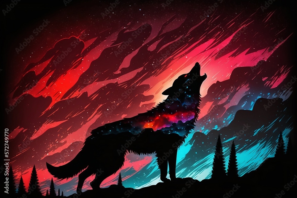Photo & Art Print A wolf howling, with a red and dark sky above, Kenneth