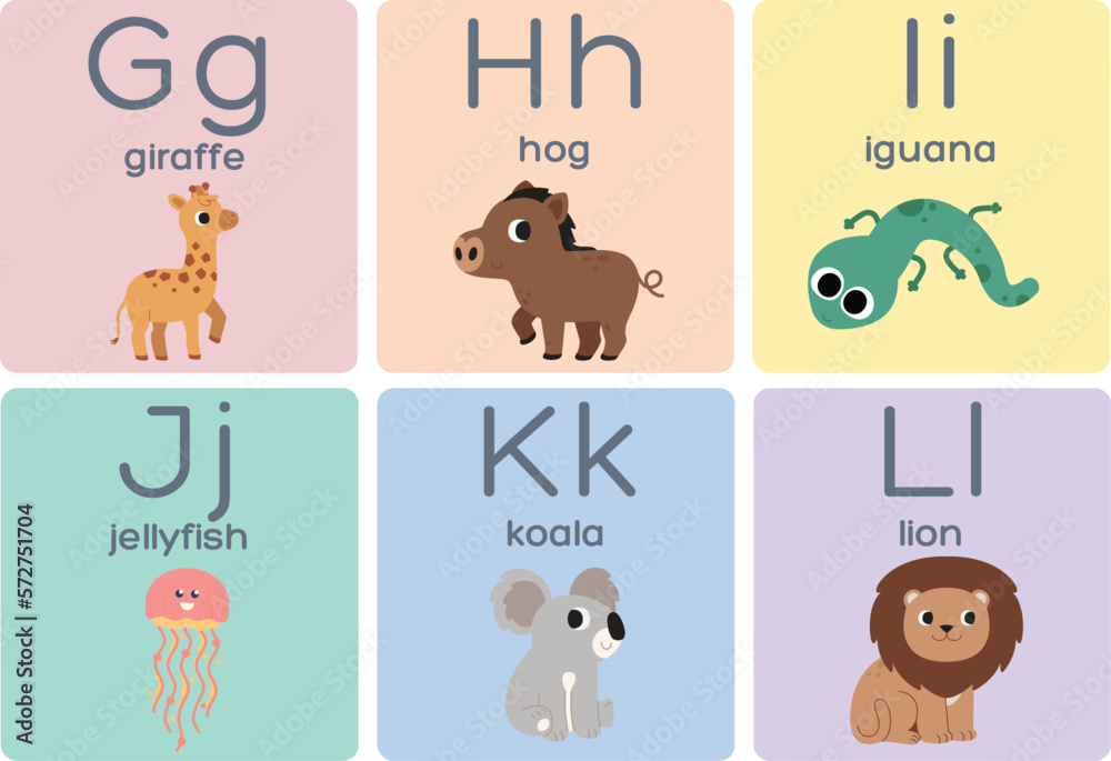 Vektorová grafika „Rainbow Pastel Animal Alphabet Flashcards, kids ...