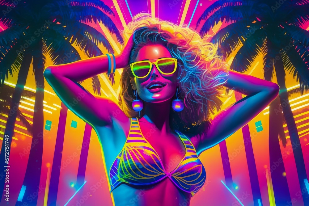 Attractive Girl In Bikini Clubbing At The Hot Summer Dance Party Neon