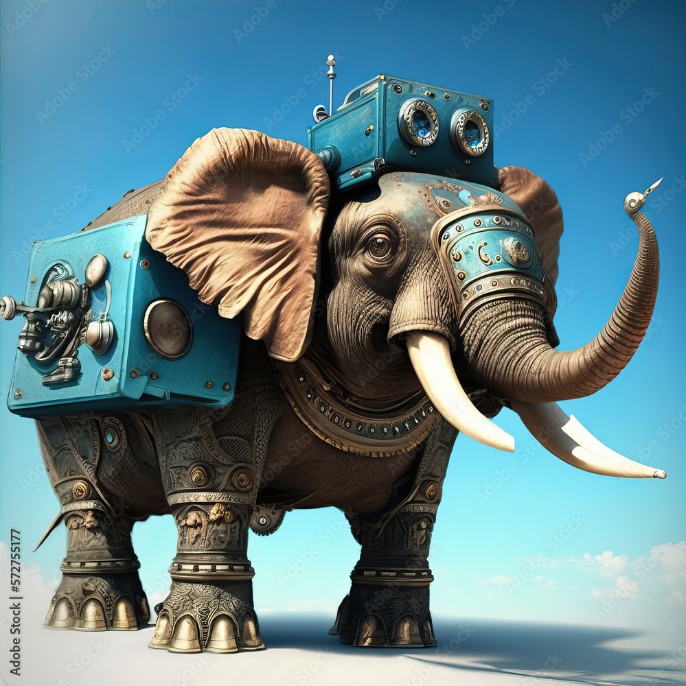 Antique robot elephant made of bronze. Fighting robot of ancient Rome ...