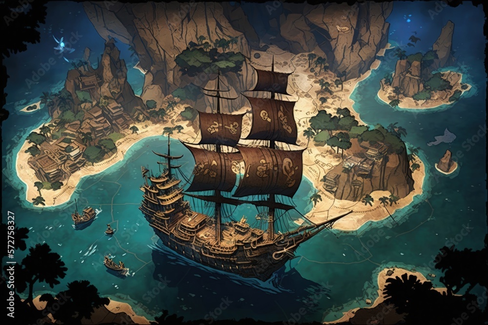 Pirate treasure map with pirate ship and sea. Generate AI Stock ...