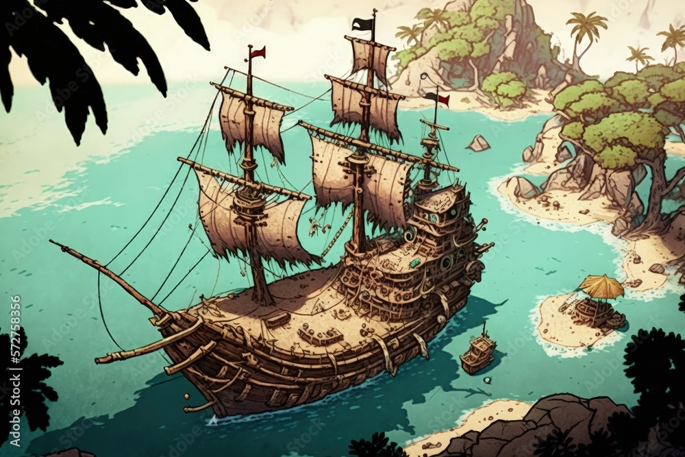 Pirate treasure map with pirate ship and sea. Generate AI Stock ...