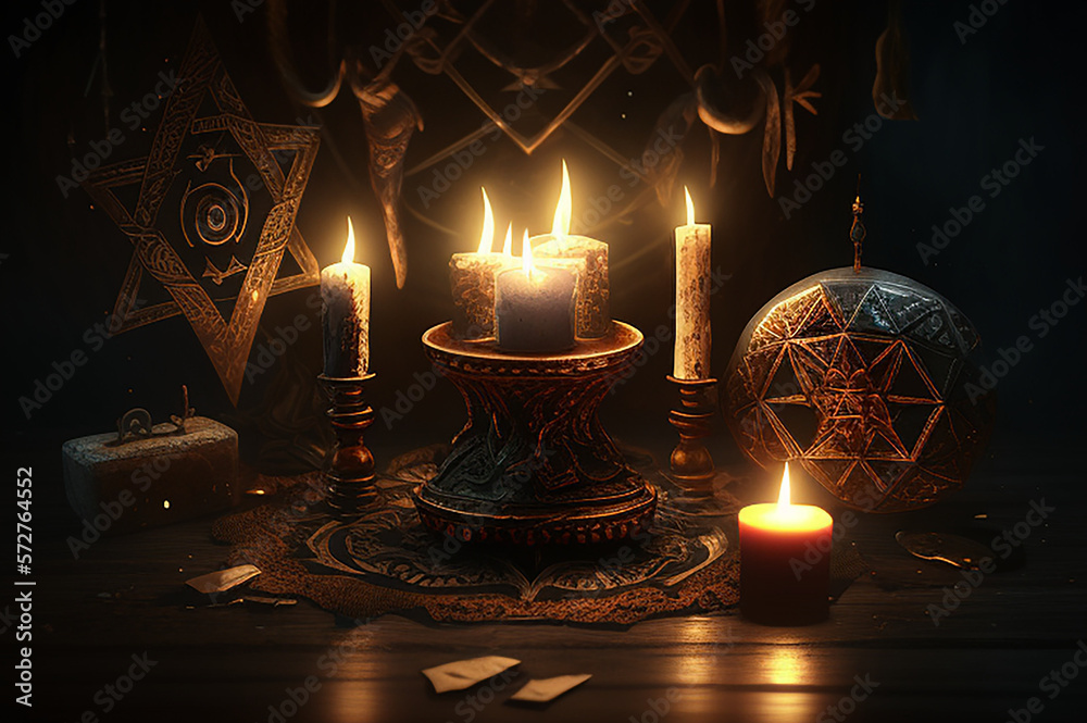 Esoteric, Occult mystical ritual scene of sorcery tarot candles, dried ...