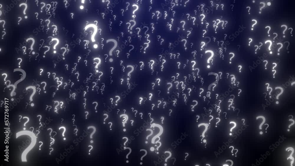 White Glowing Question Mark Flying On Dark Blue Background. Camera ...