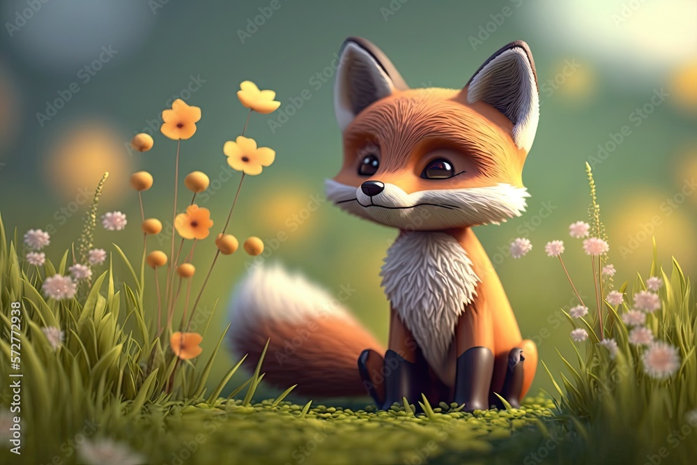 Cute Cartoon Fox Character in a Field of Spring Flowers (Created with ...