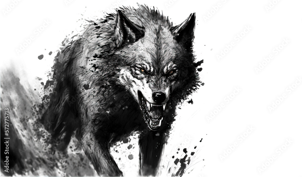 A drawing of an aggressive alpha black wolf showing his teeth, on white ...