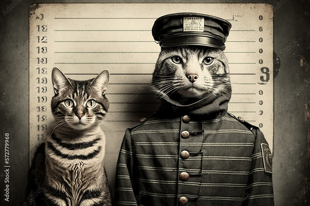 Cat bandit in the police office is photographed agains the wall ...