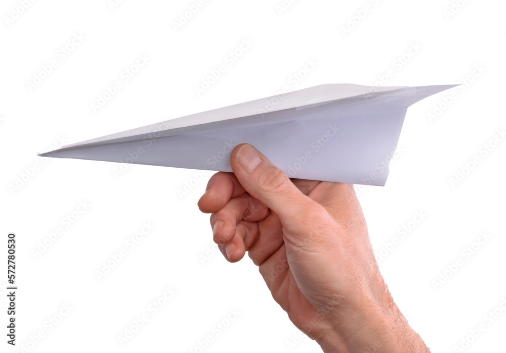 Hand hold paper airplane isolated on transparent layered background ...