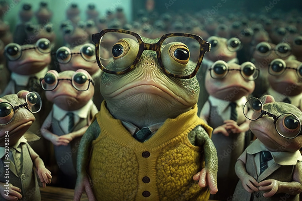 Frog with glasses dressed as a teacher stands in front of classroom ...