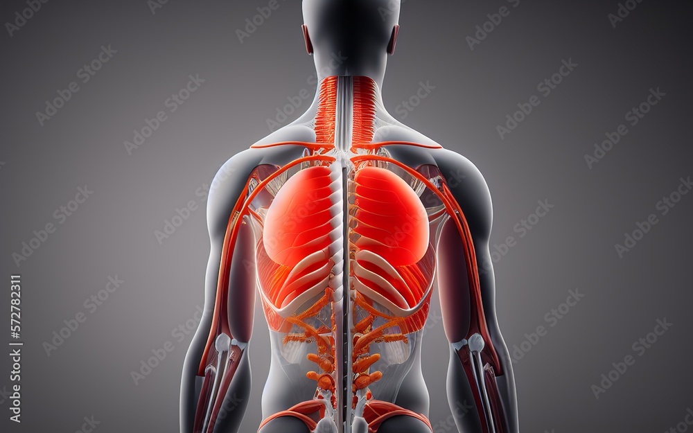 graphic model of the anatomy of the human body, gray body with red ...