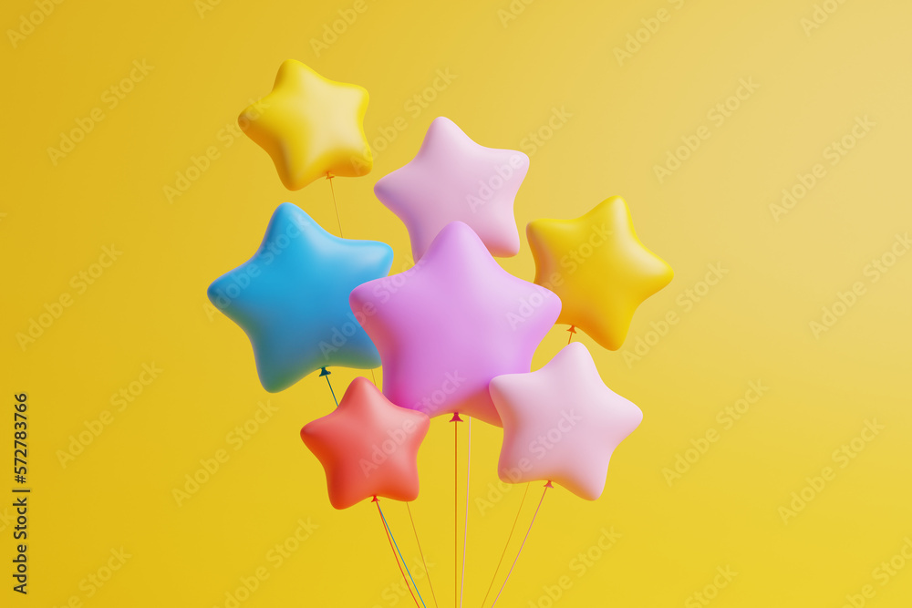 A set of colorful balloons in the form of stars floating on a yellow ...
