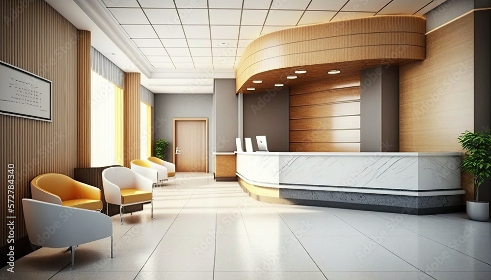 Modern hospital or clinic lobby interior design with registration ...