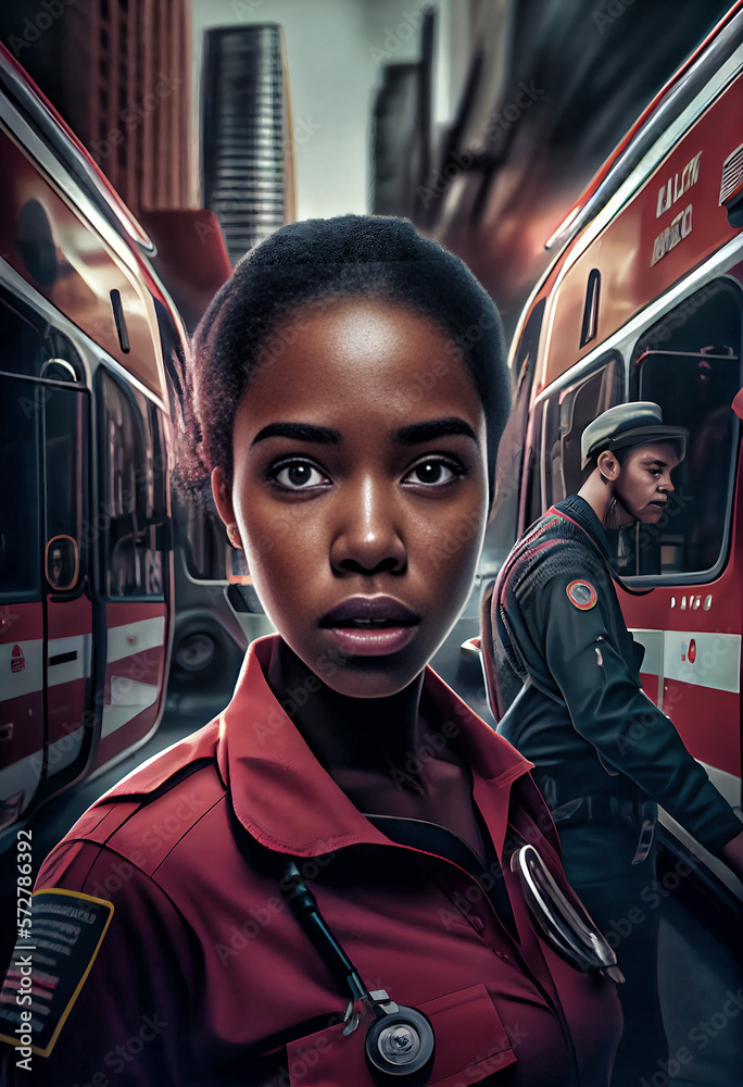 Young female african american paramedic standing rear of the ambulance ...