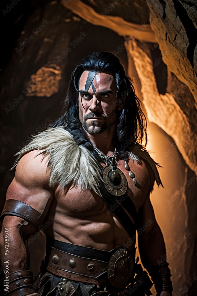 A portrait of a muscular barbarian wearing torn leather, scarred and ...