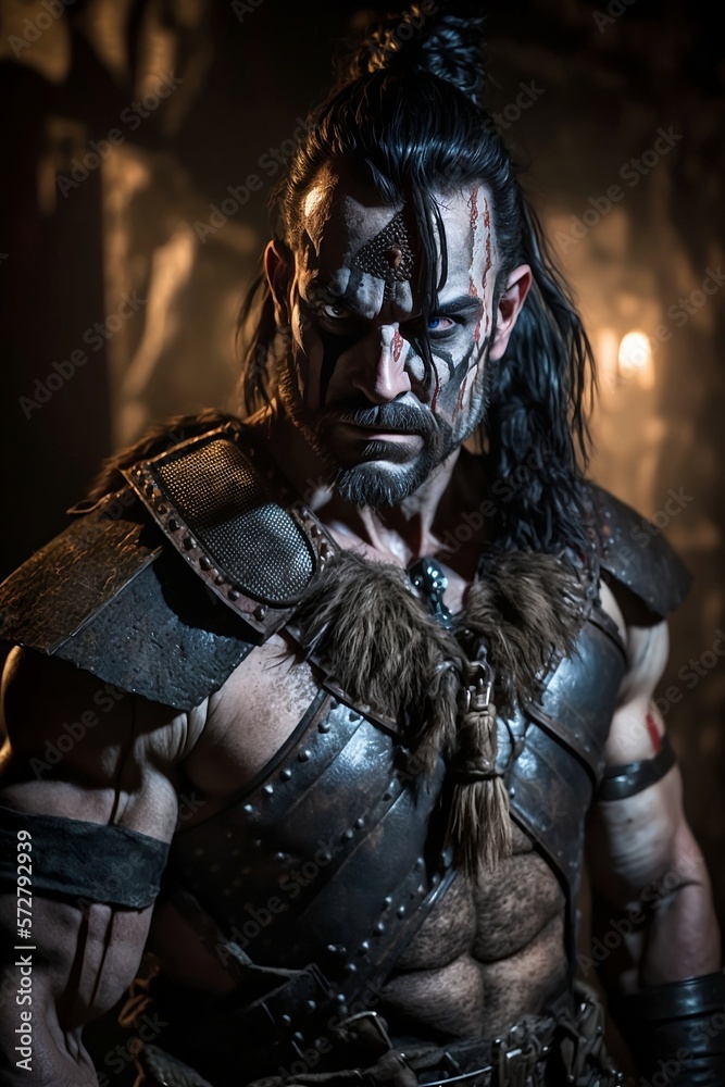 A muscular barbarian wearing torn leather, scarred and scratched, with ...