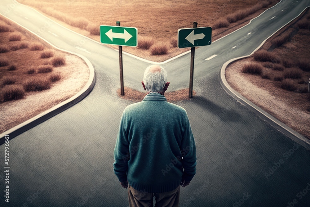 Old man stands at a fork in the road and looks at two ways, concept of ...