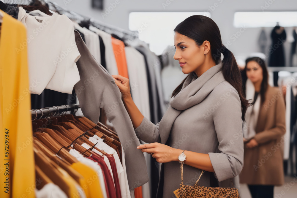 Candid woman shopping for clothes in a department store, clothing ...