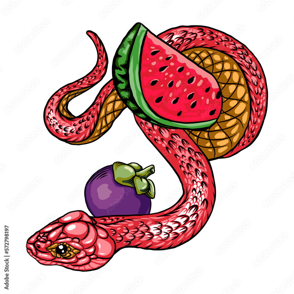 drawing isolated of a snake weaving tropical fruits, background for ...
