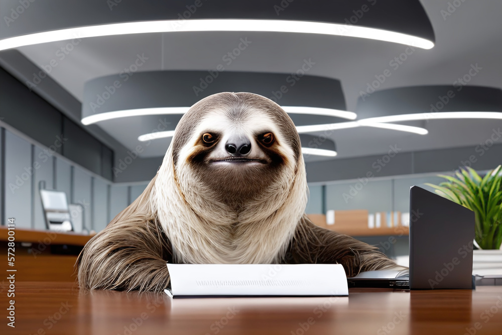 Sloth in an office environment, diligently completing paperwork ...