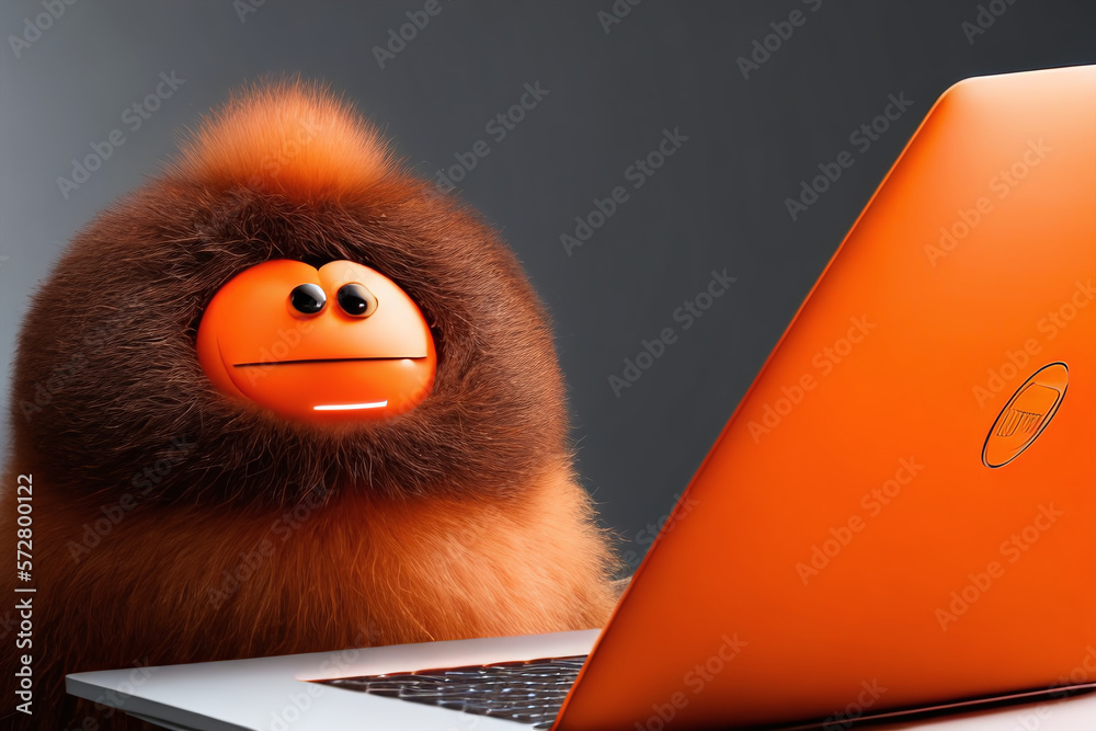 An extraterrestrial alien sits at a laptop, hands typing and face ...