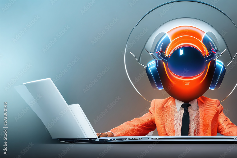 An extraterrestrial alien sits at a laptop, hands typing and face ...