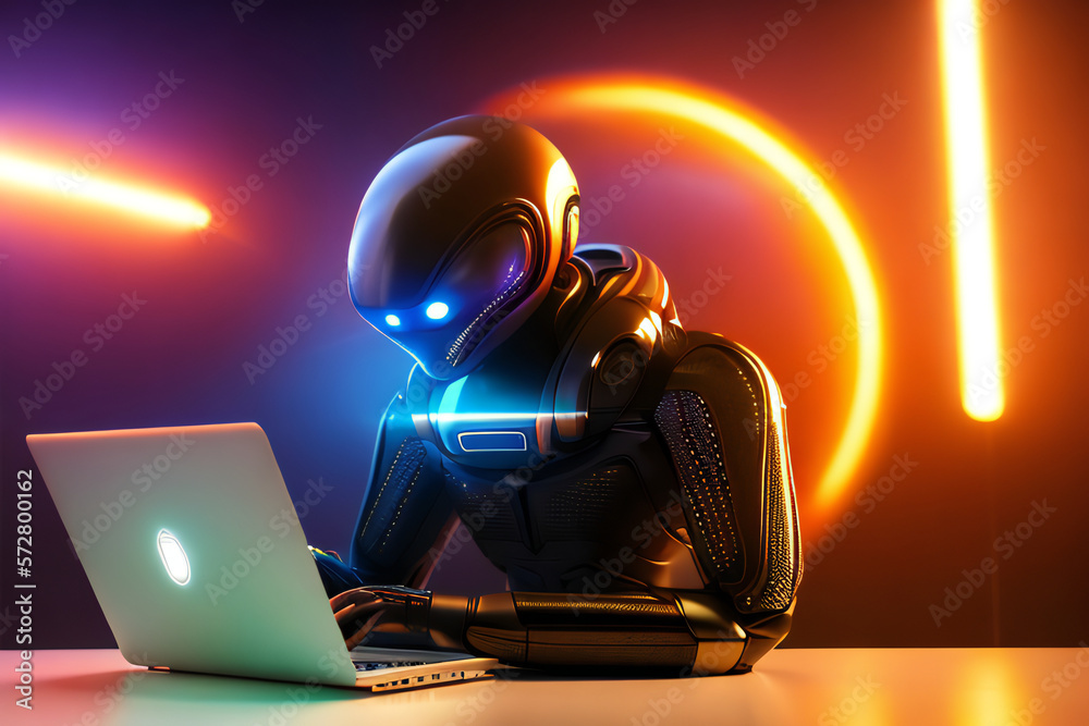 Alien hacker with laptop in a mysterious environment. Intergalactic ...