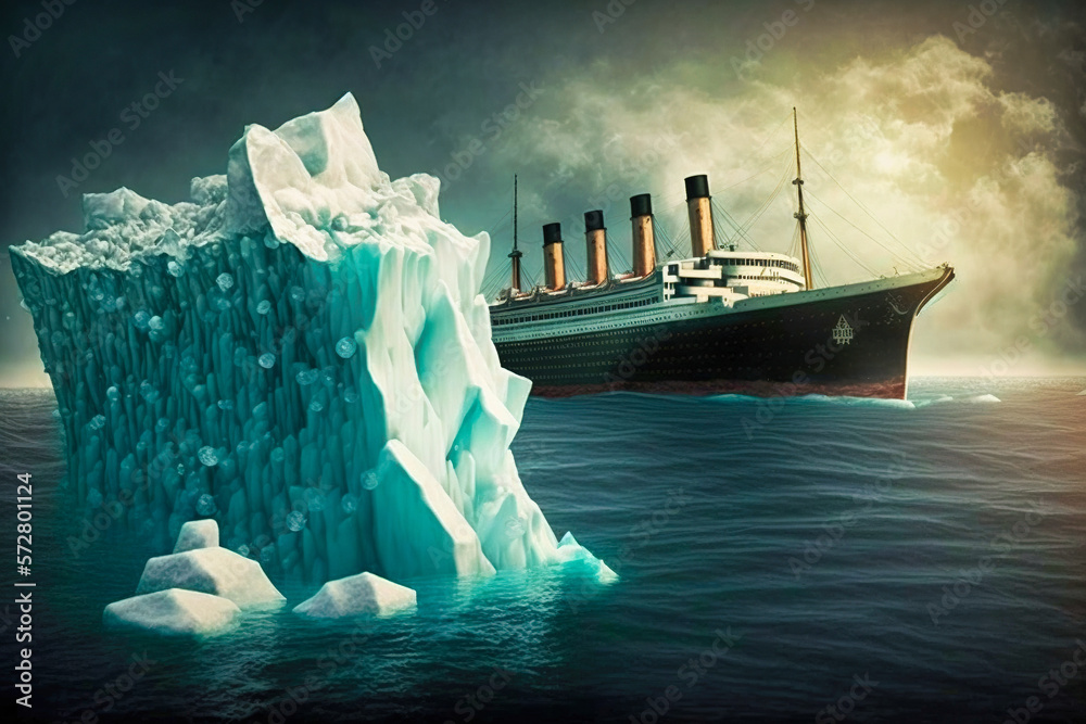 The Titanic crossing an iceberg - generative ai Stock Illustration ...